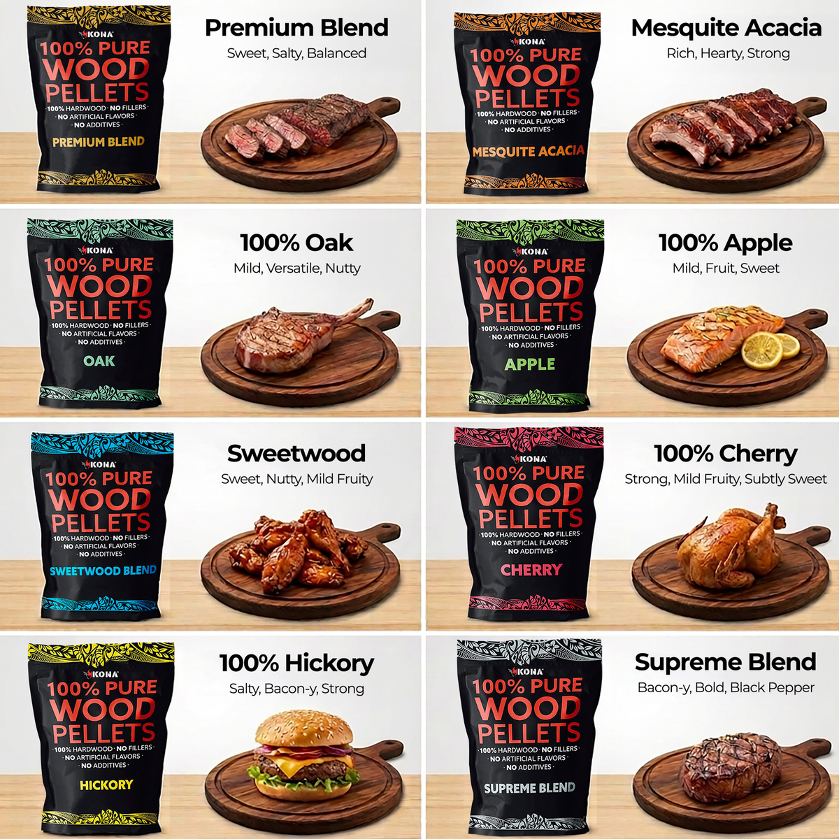 Kona Wood Pellet Variety Pack, 8 Flavors (8 x 1 lb) for Ninja Woodfire