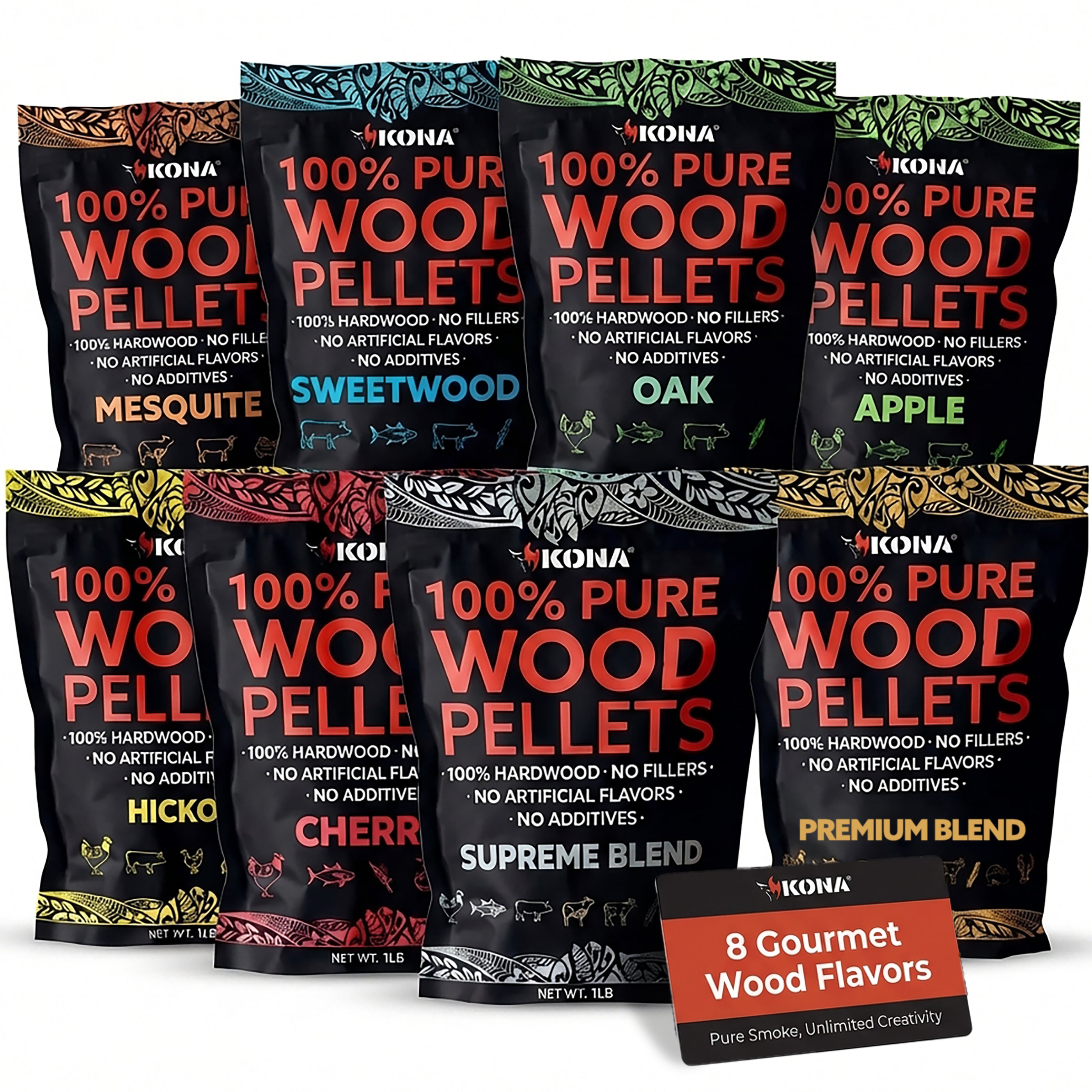 Kona Wood Pellet Variety Pack, 8 Flavors (8 x 1 lb) for Ninja Woodfire